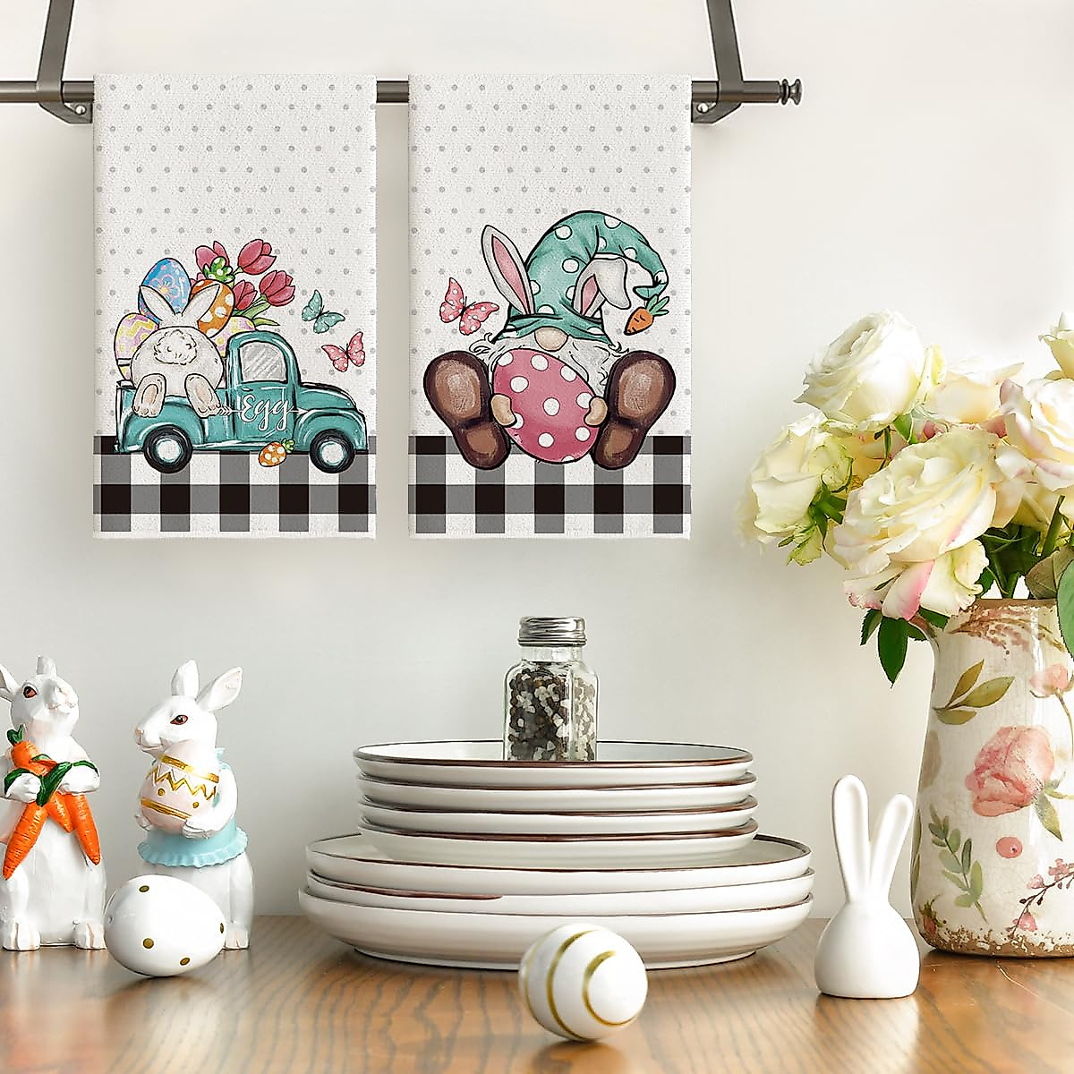 Artoid Mode Buffalo Plaid Gnome Egg Truck Bunny Rabbit Easter Kitchen Towels Dish Towels, 18x26 Inch Seasonal Spring Decoration Hand Towels Set of 2