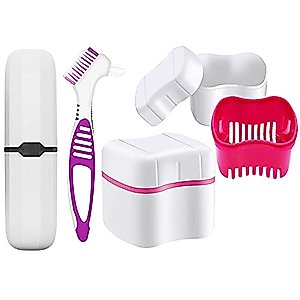 Denture Bath Cases with Denture Cleaner Brushes Denture Cups Denture Boxes Bath Dentures Container with Basket Denture Holder Denture Brush Retainer Case for Travel Retainer Cleaning (Pink)
