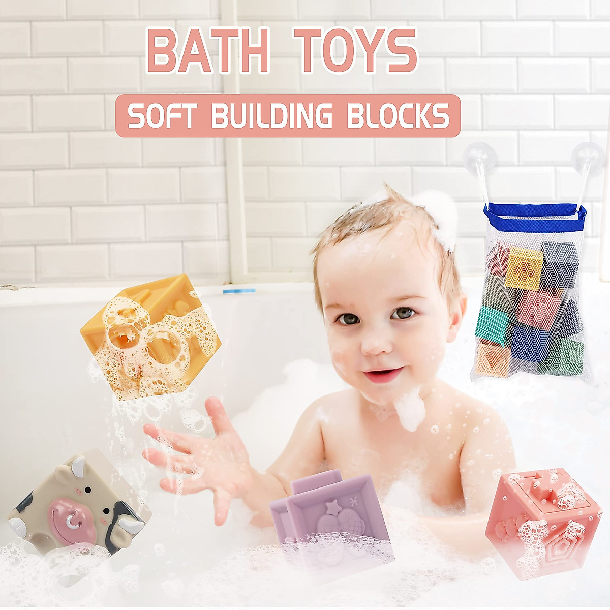 QLOTS Baby Blocks, Baby Toys 12PCS Soft Stacking Building Blocks Infant Bath Toys for Toddler 12 Month 1 2 Years Old Boys&Girls Gift Safe Teething Squeeze Sensory Toys with Suction Cup Storage Bag