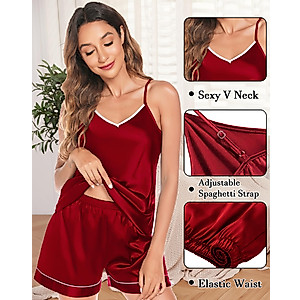 SWOMOG Womens 4pcs Pajamas Sets Silk Satin Pjs Sexy Cami Shorts Set Button Down Long Sleeve Sleepwear Loungewear, Red Medium