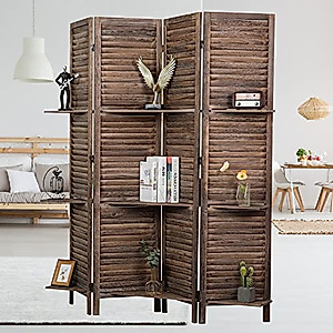 Proman Products Rancho Shelf 4 Panel Room Divider FS17191, Folding Screen, Privacy Screen, Room Partition, Paulownia Wood, (Max Extend with Shelves) 47" W x 11" D x 67" H, Rustic Brown