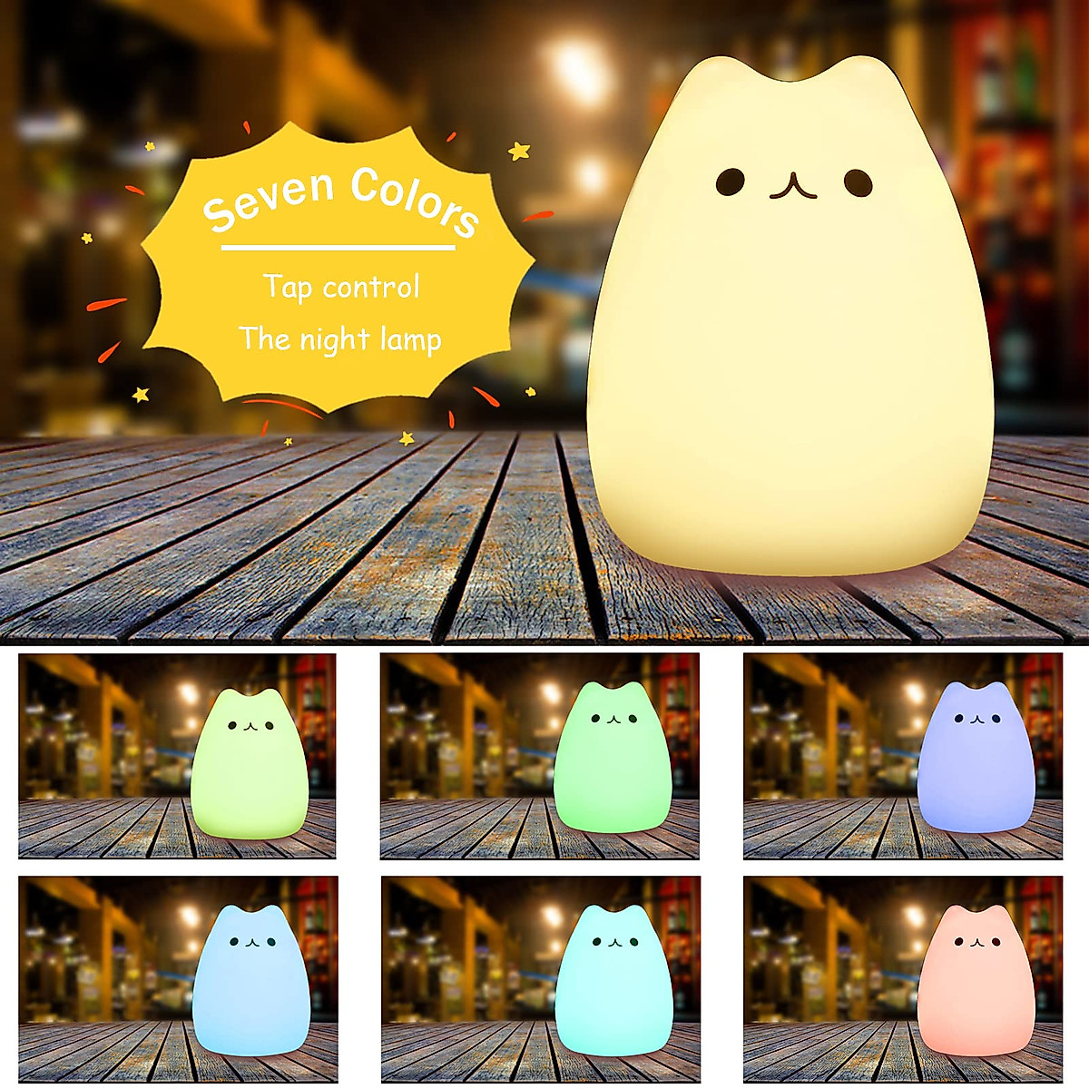 Night Lights for Kids, Cute Cat Silicone Lamp for Children, 7 Colors Night Light Gifts for Baby Boys Girls (Cat A)