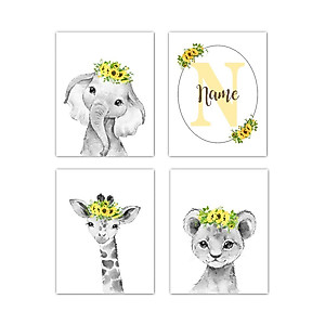 Baby Girl Nursery Wall Art Sunflowers Floral Safari Animals Elephant Giraffe Lion Room Decor 4 UNFRAMED PRINTS