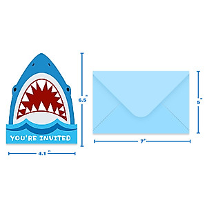 Yangmics Direct 25 Pack Shark Birthday Party Invitations with Envelopes-Double Sided -Shaped Fill-In Invitations-Shark party supplies