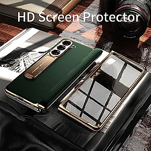 karenDon for Samsung Galaxy Z Fold 5 Phone Case,Luxury Premier Genuine Leather,Full Body Hinge Protection,Built-in Screen Protector,Kickstand Drop Proof Protective Cover for Galaxy Z Fold5 (Green)