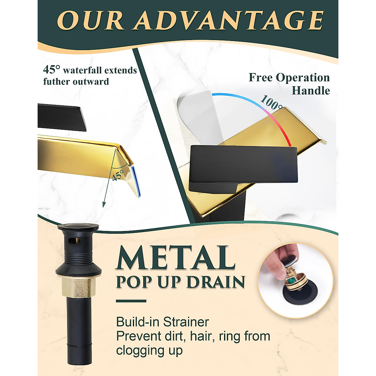 KUZOR Waterfall Bathroom Faucets 1 Hole Single Handle, Matte Black & Shiny Gold Bathroom Sink Faucet with Metal Pop Up Drain, Modern Square Faucet for Bathroom Sink Single Hole