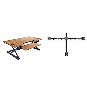Rocelco 46" Large Height Adjustable Standing Desk Converter with Triple Monitor Mount BUNDLE - Sit Stand Up Computer Workstation Riser - Retractable Keyboard Tray - Teak Wood Grain (R DADRT-46-DM3)