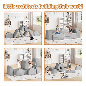 MOOITZ Modular Kids Play Couch, 10pcs Kids Play Couch for Playroom Bedroom, Convertible Modular Toddler Couch, Creative Kids Foam Sofa for Boys and Girls-Grey
