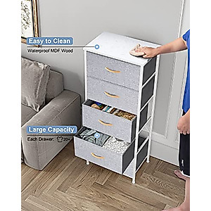 Crestlive Products Vertical Dresser Storage Tower - Sturdy Steel Frame, Wood Top, Easy Pull Fabric Bins, Wood Handles - Organizer Unit for Bedroom, Hallway, Entryway, Closets - 5 Drawers (Light Gray)