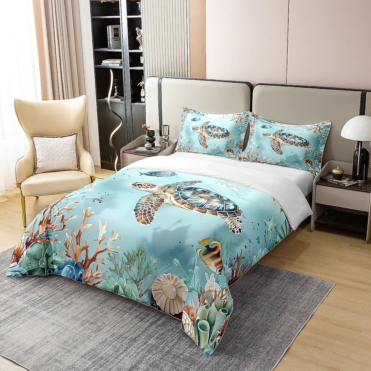 Feelyou Sea Turtle Bedding Set King Size Summer Theme Comforter Cover Set for Boys Girls Teens Fish Marine Themed 100% Cotton Duvet Cover Underwater Animal Bedspread Cover Ocean Creature Quilt Cover