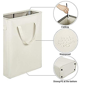ZERO JET LAG Slim Laundry Hamper Beige and Black Handles Collapsible Laundry Basket Thin Dirty Clothes Basket Narrow Laundry Bag Foldable Dirty Hamper