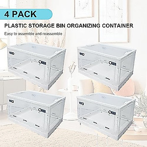 4utoHydra 4 PCS Collapsible Storage Bins, 80L Plastic Storage Bin Organizing Container with Lid and 4 Wheels, Clear Folding Plastic Container, Storage Organizer Five Doors with Secure Latching Buckles ( Extra Large , White)