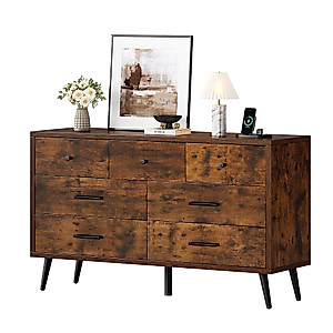 DWVO Rustic Brown 7 Drawer Dresser, 47" W Large Double Dresser Chest of Drawers, Modern Wood Storage Dresser Organizer with Black Metal Handles & Anti-Tipping Device for Hallway, Entryway