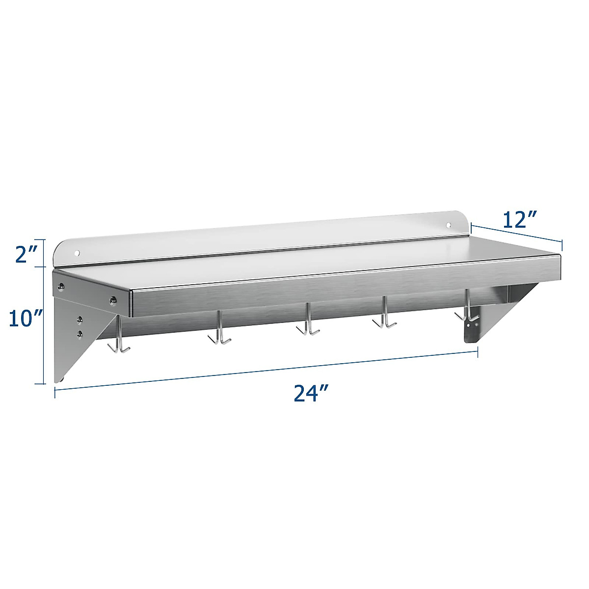 Garvee 12"x24" Stainless Steel Shelf,Multifunctional Metal Wall Mounted Shelf with 2 Stainless Steel Backsplashs and 5 Hooks