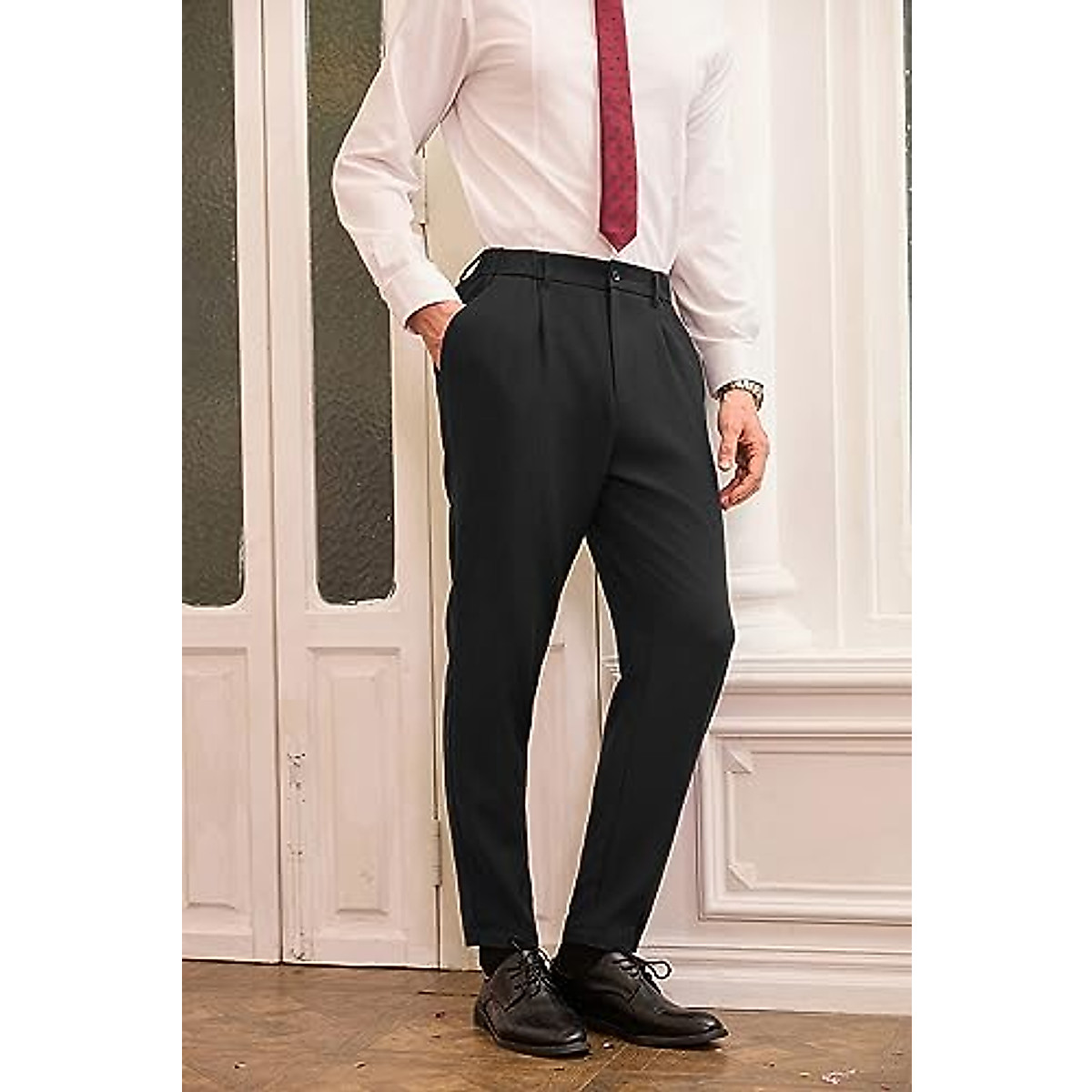 GRACE KARIN Men's Dress Pants Slim Fit Flat Front Business Pants with Pockets Black