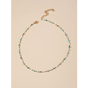 FUTIMELY Bohemia Green Beaded Beads Choker Necklace for Women,Simple Fresh Green Beaded Square Round Bead Choker Necklace Fashion Jewelry (Gold)