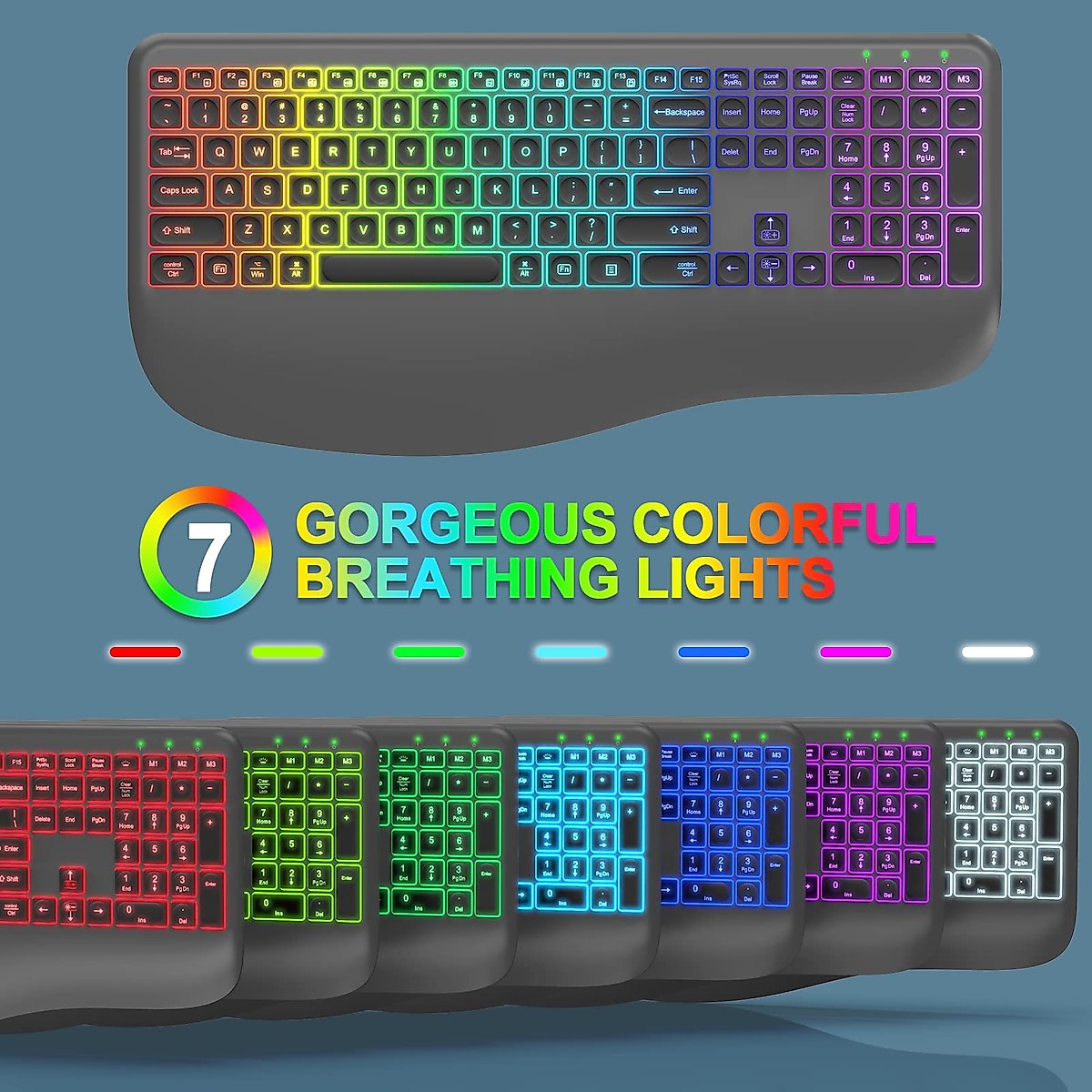 Wireless Keyboard and Mouse Combo with 7 Colors Backlit, Wrist Rest, 2.4G Rechargeable Ergonomic Full Size Light Up Wireless Keyboard and Mouse Set for Computer, PC, Mac, Laptop, Chromebook (Grey)