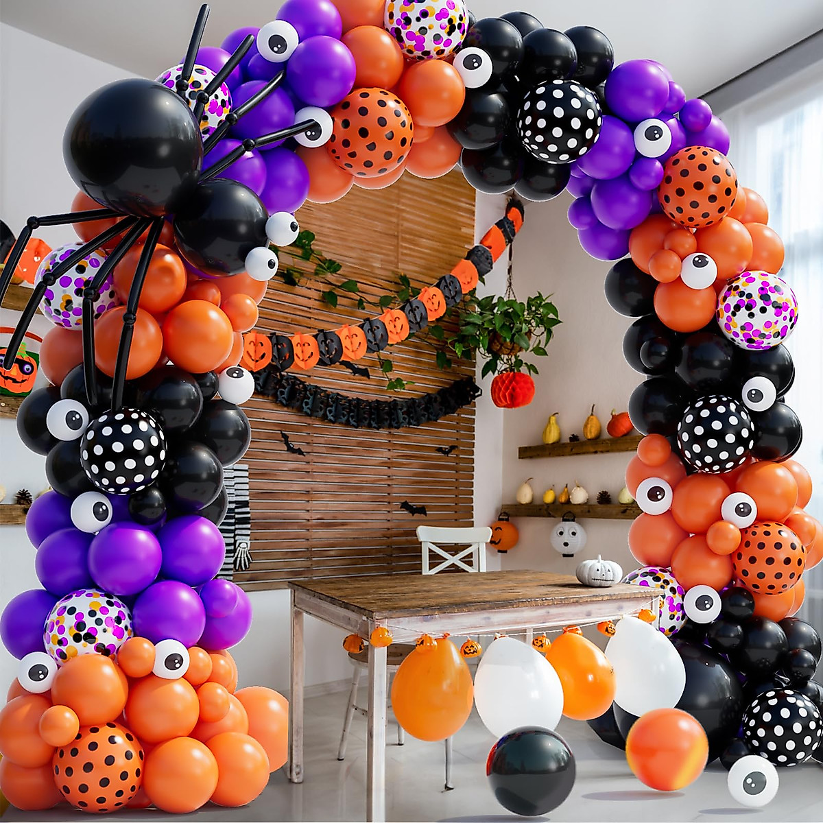Wecepar 130Pcs Halloween Balloon Garland Arch kit with Halloween Spider Balloon Boo Aluminum Foil Banner Balloons Black Orange Purple Confetti Balloons Dot balloon for Halloween Day Party Decorations