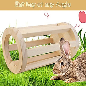 Tfwadmx Rabbit Hay Feeder Rack Wooden Food Manger Grass Holder Cylindrical Feeding Hay Mange for Guinea Pigs Bunny Chinchilla Hamster Small Animals