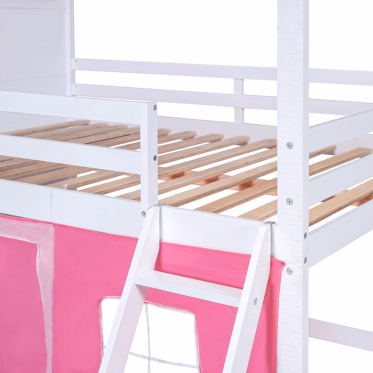 Harper & Bright Designs House Twin Loft Bunk Bed with Tent, Kids Loft Bed with Ladders,Guardrail, Windows and Roof, Wood Twin Over Twin Playhouse Bunk Bed for Kids Teens Boys & Girls (Pink & White)