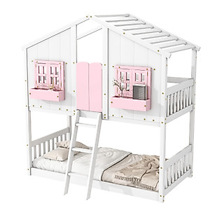 Harper & Bright Designs House Bunk Bed Twin Over Twin for Kids, Wood Bunk Beds with Roof, Windows, Window Box and Small Door, Floor Bunk Beds with Ladder and Guard Rails for Girls Boys,Pink