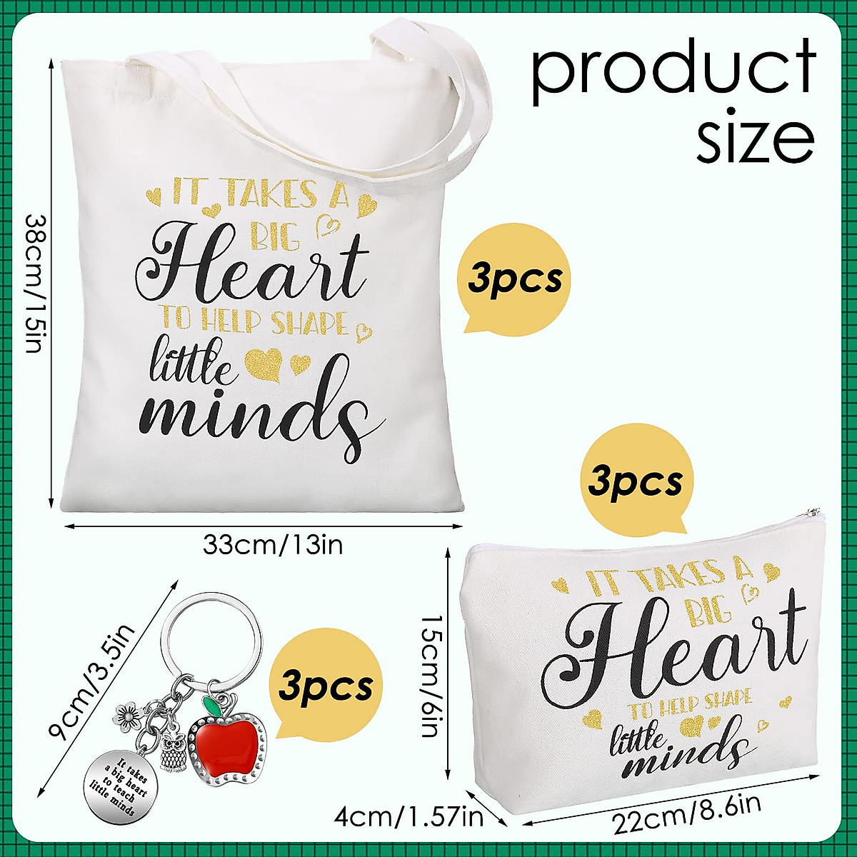 9 Pcs Teachers Appreciation Gifts Christmas Gift Cotton Tote Makeup Bag Teacher Cosmetic Bag with Zipper, Graduation End of Year Apple Keychain Gifts from Students for Teacher