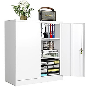 Pataku Metal Storage Cabinet Lockable Steel Storage Cabinet with Doors and Shelves, Office Locking Cabinet for Home, Office, Garage, Warehouse, Basement (White)