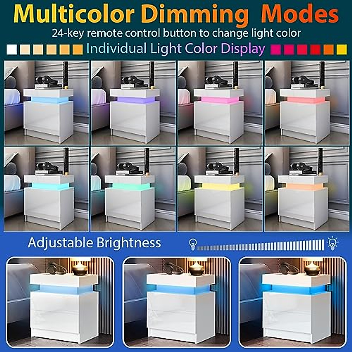 HOMMPA LED Nightstand White Nightstand with Led Lights Modern Night Stand with 2 High Gloss Drawers Led Bedside Table Smart Nightstand for Bedroom 20.5” Tall