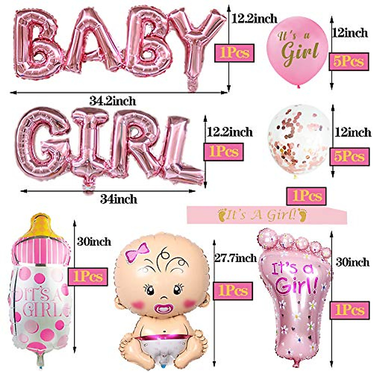 Baby Shower Decorations for Girl,Girl Baby Shower Balloons, Its a Girl Sash for Baby Shower