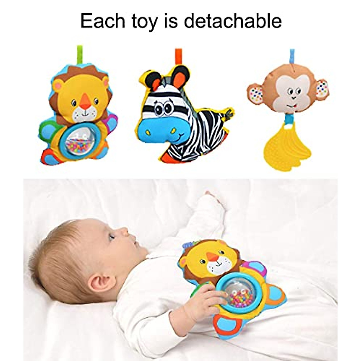 Adjustable Baby Travel Play Arch, Detachable Activity Musical Animal Toys Mobile for Bassinet Crib Stroller Pram Car Seat Mobiles Width Among 11.6-20.2 Inch with Rattles BB Squeaker Teether