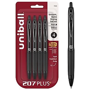 uniball 207 Plus+ Retractable Gel Pens, Medium Point, 0.7mm, Black Ink, 4/Pack (70460)