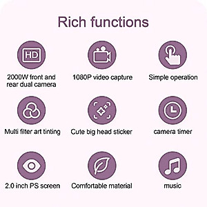 Children's Hd Front and Rear Dual Camera 2000w Mini 2.0 Inch Camera Camera Video Game Music Integration Including 32g Memory Card,Easy to Use,Durable