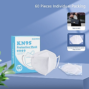 BLScode KN95 Face Mask 60 Pack White,Individually Wrapped 5-Layer Breathable Mask with Comfortable Elastic Ear Loops,Filter Efficiency≥95%
