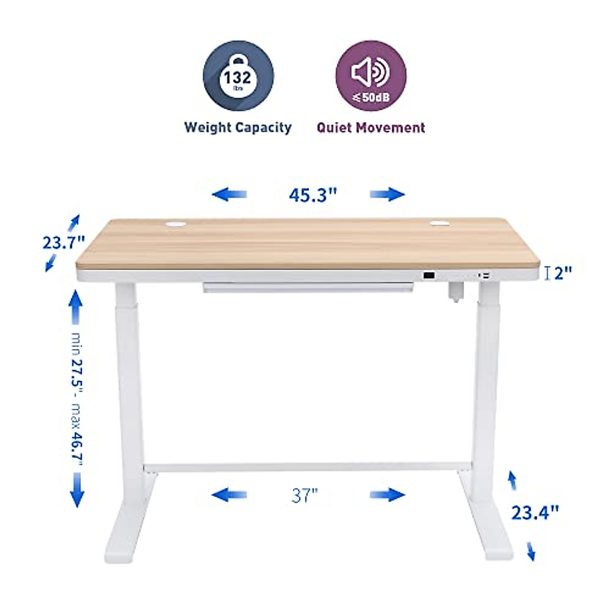 FARRAY Electric Standing Desk with Drawer, 45 x 24 Inch Adjustable Height Desk with Power Strip & USB Ports, One-Piece Top Stand Up Desk, Modern Sit Stand Desk (Oak Top + White Frame)