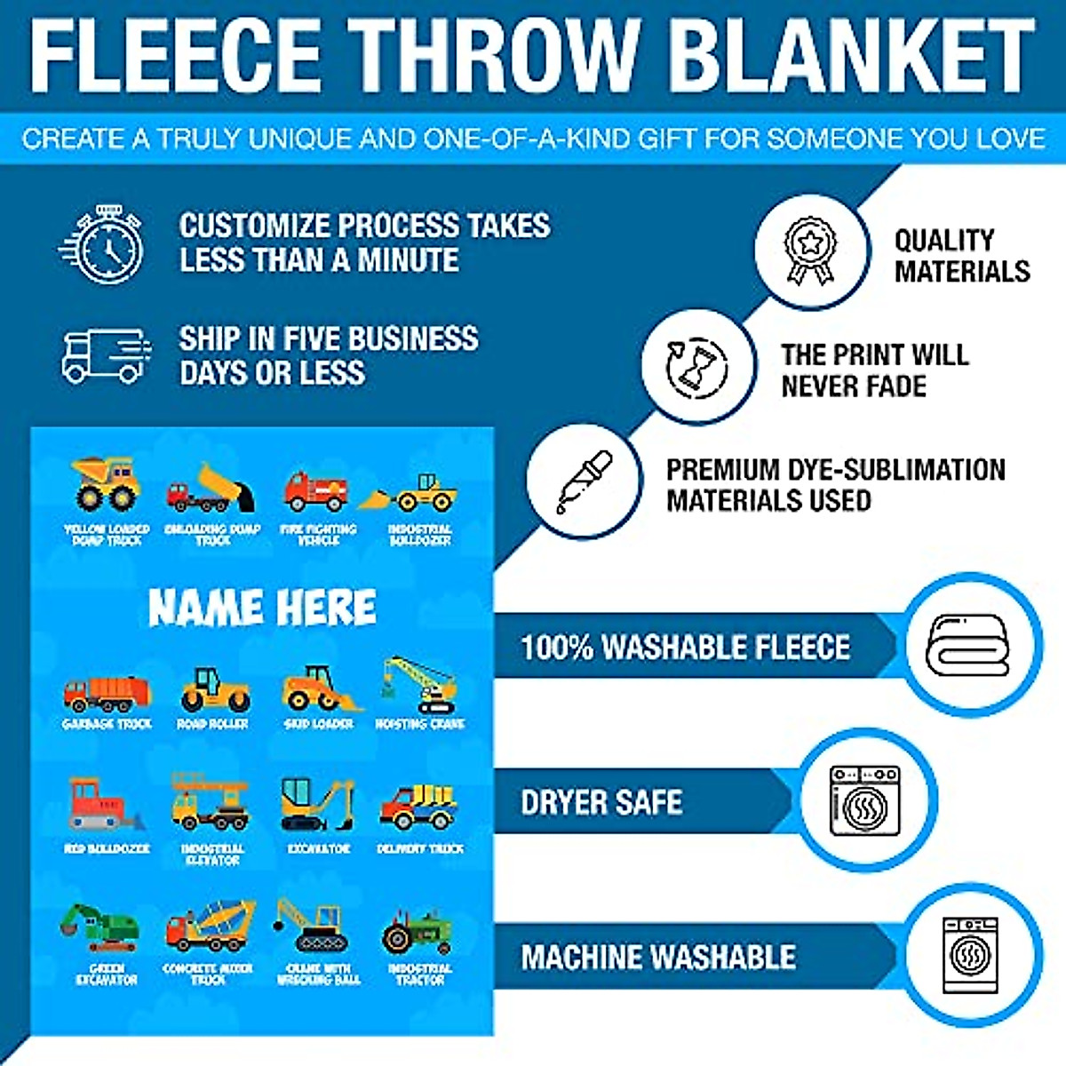 Personalized Corner Construction Custom Fleece Throw Blanket (50x60) for Kids, Youth, & Babies – Construction Pattern Blanket for Girls & Boys, Customizable Indoor & Outdoor Sherpa Blankets