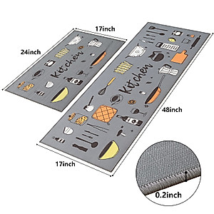 Carvapet 2 Pieces Non-Slip Kitchen Rug TPR Non-Skid Backing Mat for Doorway Bathroom Runner Rug Set, Grey Kitchen Design (17"x48"+17"x24")