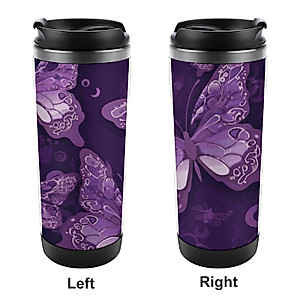 GHBNK Travel Coffee Mug Stainless Steel Insulated Coffee Mug Purple Butterflies Double Wall Travel Coffee Cup Reusable Insulated Tumbler with Lid for Iced And Hot Drinks