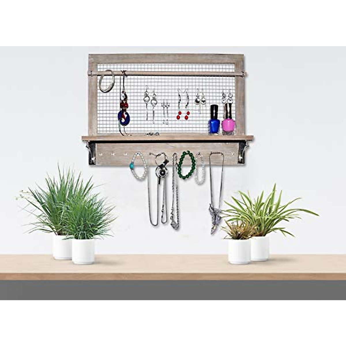 Spiretro Jewelry Organizer, Wall Mount Jewelry Holder Rack with Hooks Shelf and Removable Rod, Hanging Earrings Necklaces Bracelets Rings, Storage Accessories, Rustic Wood_Grey