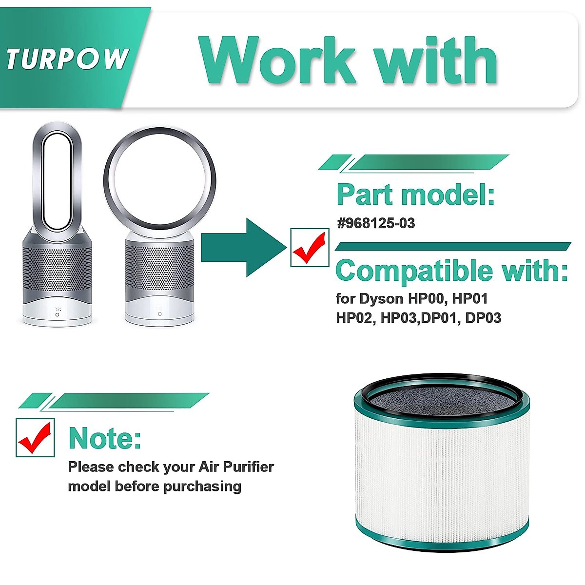 TURPOW Air Purifier Filter Replacements for Dyson HP01, HP02, HP03, DP01, DP02 Desk Purifiers, Replaces Part NO.968125-03, Compatible with Dyson Pure Hot Cool Link Fans Filter