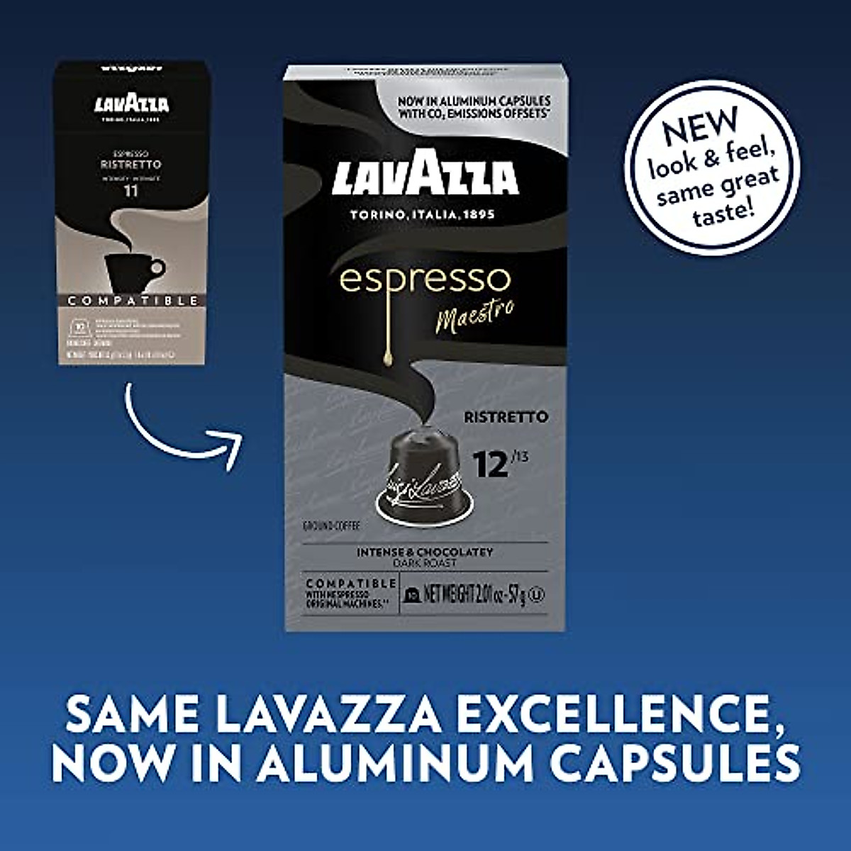 Lavazza Espresso Ristretto Dark Roast Arabica & Robusta Aluminum Capsules Compatible with Nespresso Original Machines (Pack of 60) ,Value Pack, Intense and full bodied, dark crema, Intensity 12 of 13