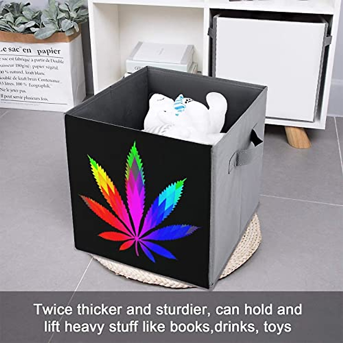 Colorful Weed Art PU Leather Collapsible Storage Bins Canvas Cube Organizer Basket with Handles