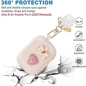 Cute Kawaii AirPod Pro 2 Case with Shell Pearl Keychain Love Heart Cat Design Silicone TPU Cover Compatible with AirPods Pro 2nd Generation 2022 Case for Women and Girls