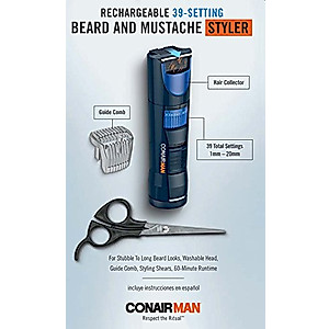 ConairMAN Cordless Beard & Mustache Trimmer for Men, 39 Total Settings with Hair Collector