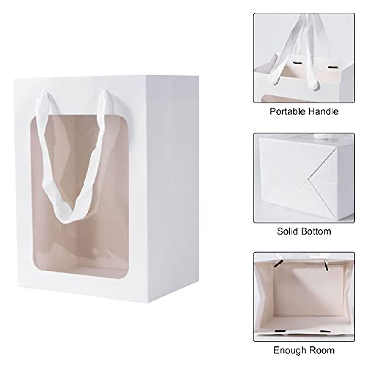 Dasofine 12pcs White Gift Bag with Window, Sturdy Paper Tote with Transparent Window, 7.1"×5.1"×9.8" Paper Gift Bags with Handles, Flower Bouquet Bags