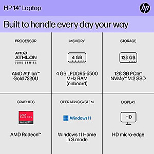 HP 14 inch Laptop, HD Display, AMD Athlon Gold 7220U, 4 GB RAM, 128 GB SSD, AMD Radeon Graphics, Windows 11 Home in S Mode, 14-em0010nr (2023),Silver