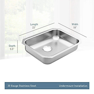 Moen GS20194B 2000 23.5-inch 20 Gauge Undermount Single Bowl Stainless Steel Kitchen or Bar Sink, Rear Drain