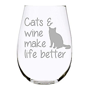 C & M Personal Gifts Cat and Wine Make Life Better Stemless Glass – 17 Oz Laser Engraved Crystal Wine Tumbler, Glass Gifts for Men and Women, Perfect for Wine Lovers, Made in USA