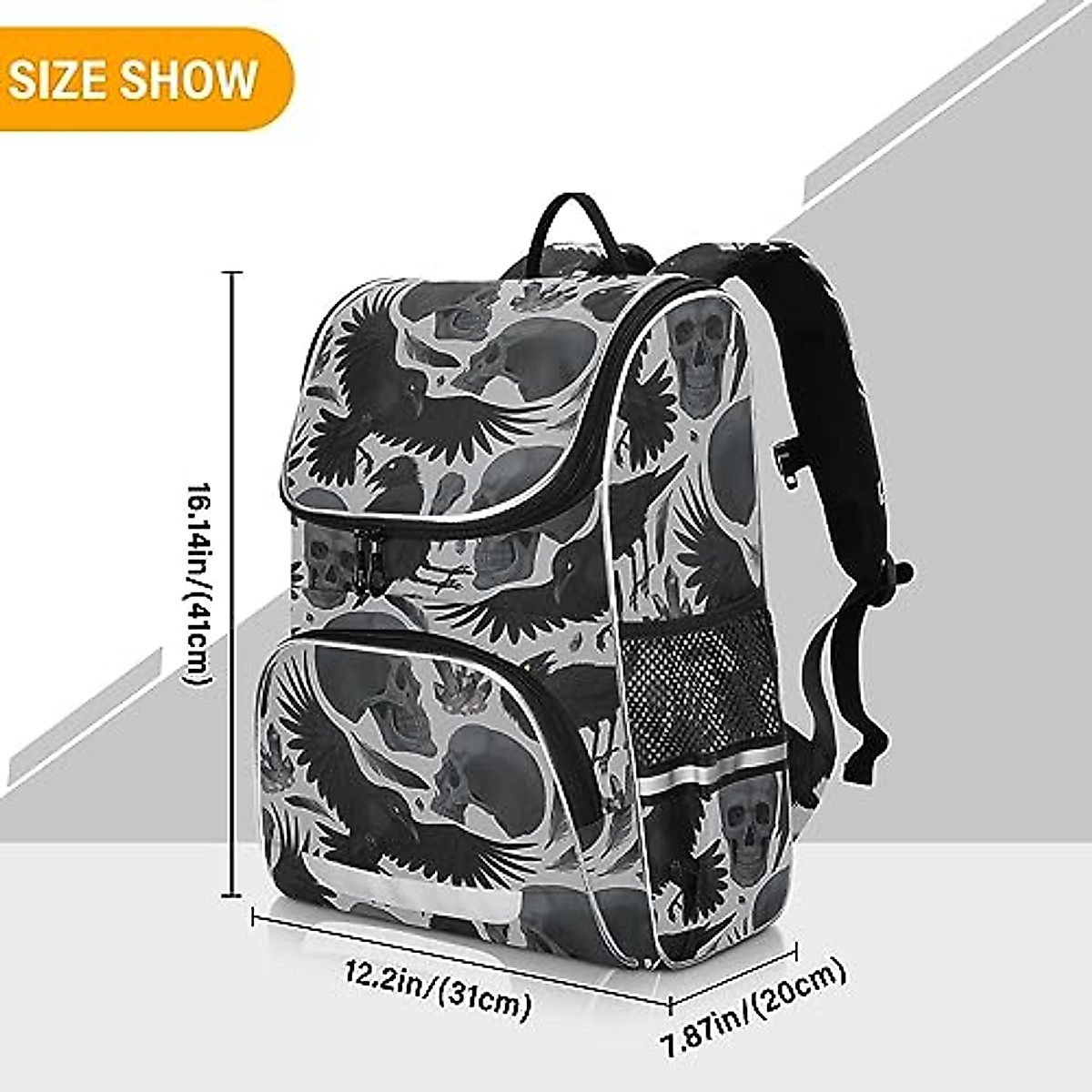 Sletend Backpack Gothic Crows Skulls Gothic School Backpack Travel Hiking Large Capacity Causal Daypack Bookbag Laptop Schoolbag with Reflective Tape for Boys Girls Adults