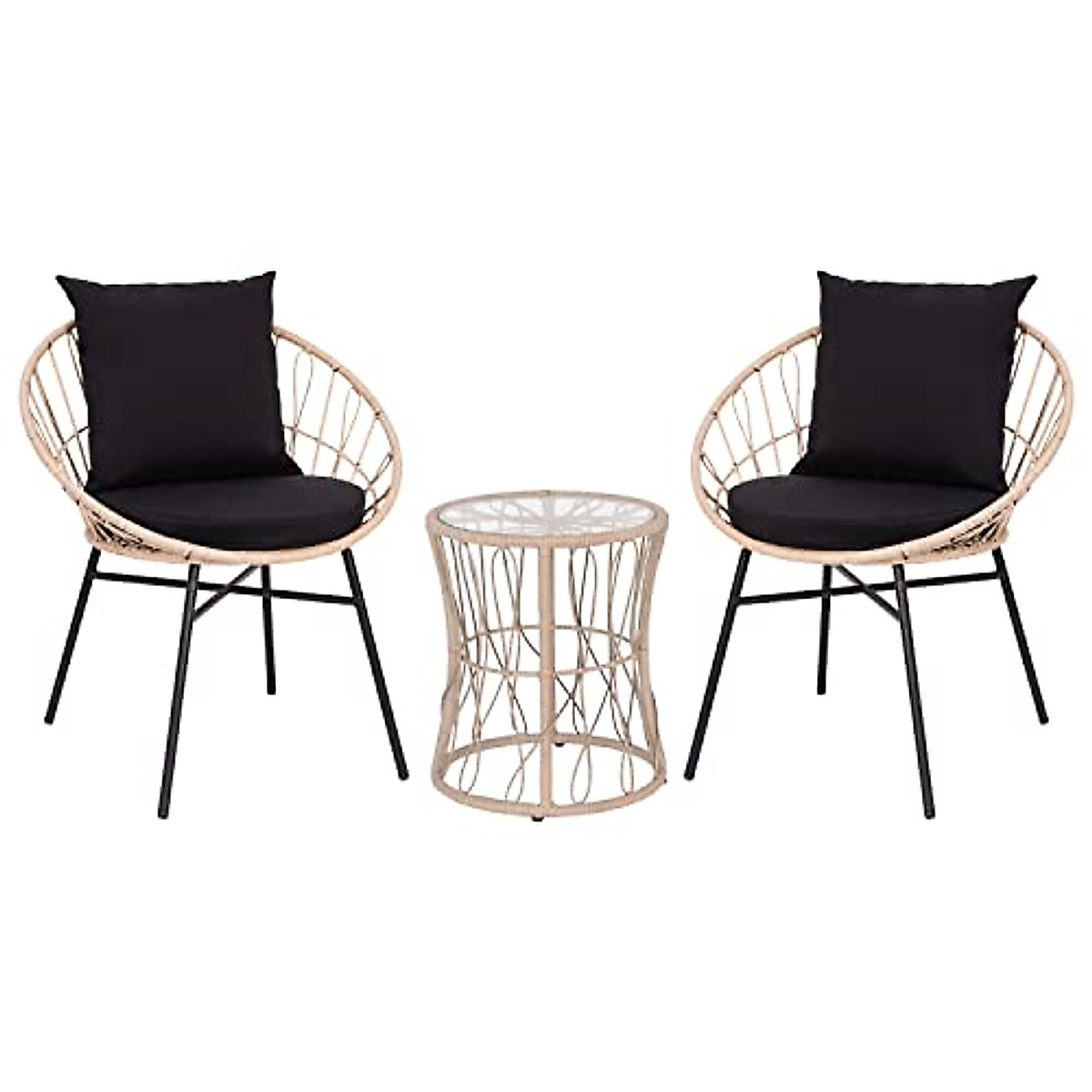 Flash Furniture TW-VN017-18-TAN-BK-GG Devon 3-Piece Indoor/Outdoor Bistro Set, Papasan Style Rattan Rope Chairs, Glass Top Side Table & Cushions, Tan/Black