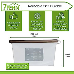 7Penn Silicone Food Storage Bag, 500mL - 2pk Washable 7.75 x 4in Clear Reusable Food Bags for Sandwiches and Snacks